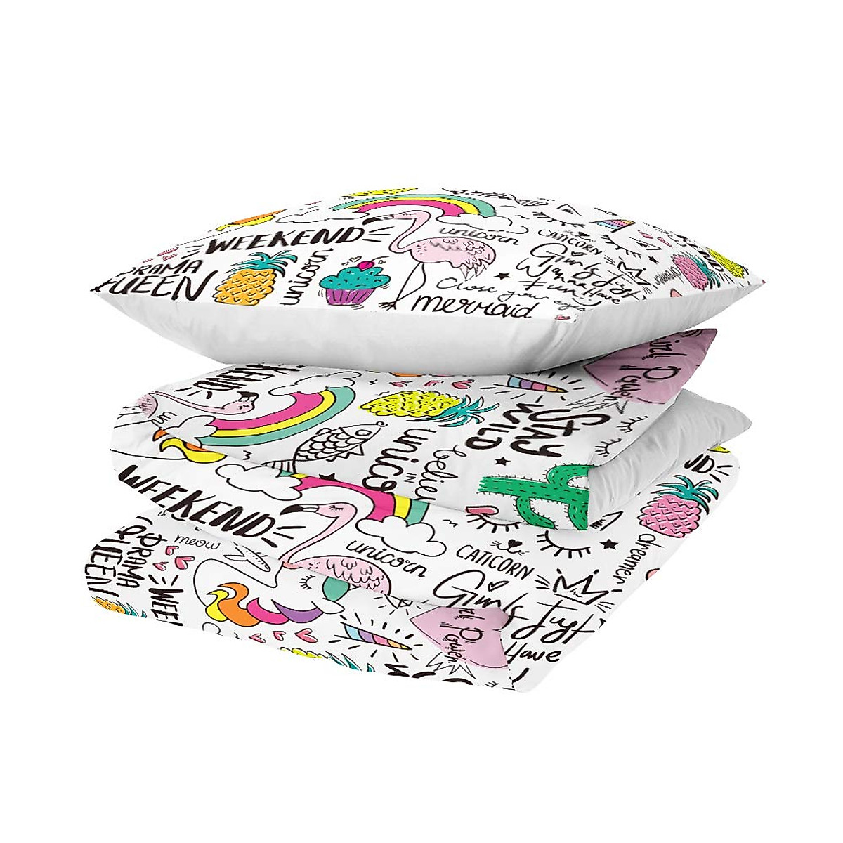 SHINICHISTAR Unicorn Comforter Set for Kids Teens Girls 3 Pieces Cartoon Drawing Bedding Sets Twin Size