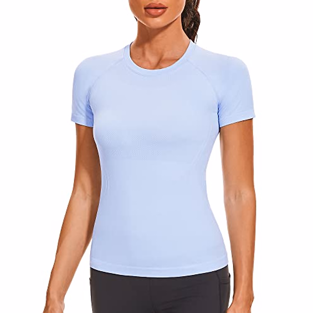 Stelle Women Workout Shirts Seamless Short Sleeve Yoga Tops for Sports Running Breathable Athletic Slim Fit (Short Sleeve-Blue,S)