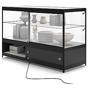 Displays2go 60 Inch Glass Showcase, Hidden Storage, LED Lights, Lockable Sliding Door - Black (IAPHV60LED)