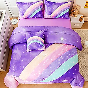 ANGIYUIN Purple Twin Bed in A Bag, 6 Pieces Rainbow Gradient Glitter Bedding Sets for Girls, 3D Galaxy Nebula Kids Comforter Set with Comforter Sheets Pillowcases for All Season
