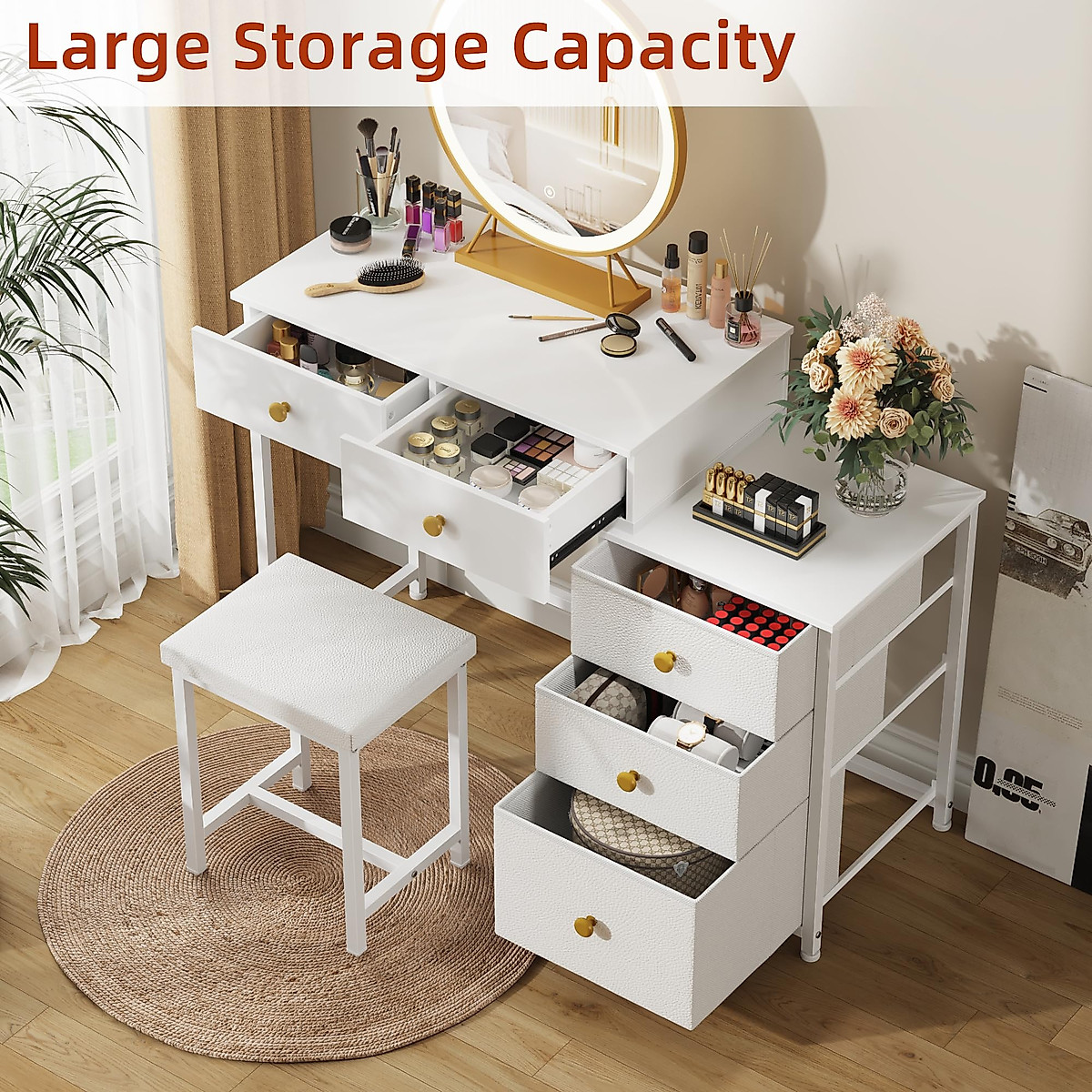 DSAFGGY Vanity Desk with Lighted Mirror and Stool, Makeup Vanity with 5 Drawers(3 Fabric), 3 Lighting Modes LED Mirror, Vanity Table for Bedroom Dresser Vanity Set, Girls Women Gift, White, 40.4" W