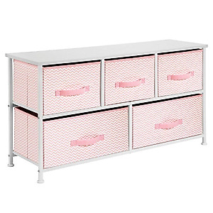 mDesign 21.65" High Steel Frame/Wood Top Storage Dresser Furniture Unit with 5 Removable Fabric Drawers - Wide Bureau Organizer for Bedroom, Living Room, Closet - Spira Collection, Pink/White