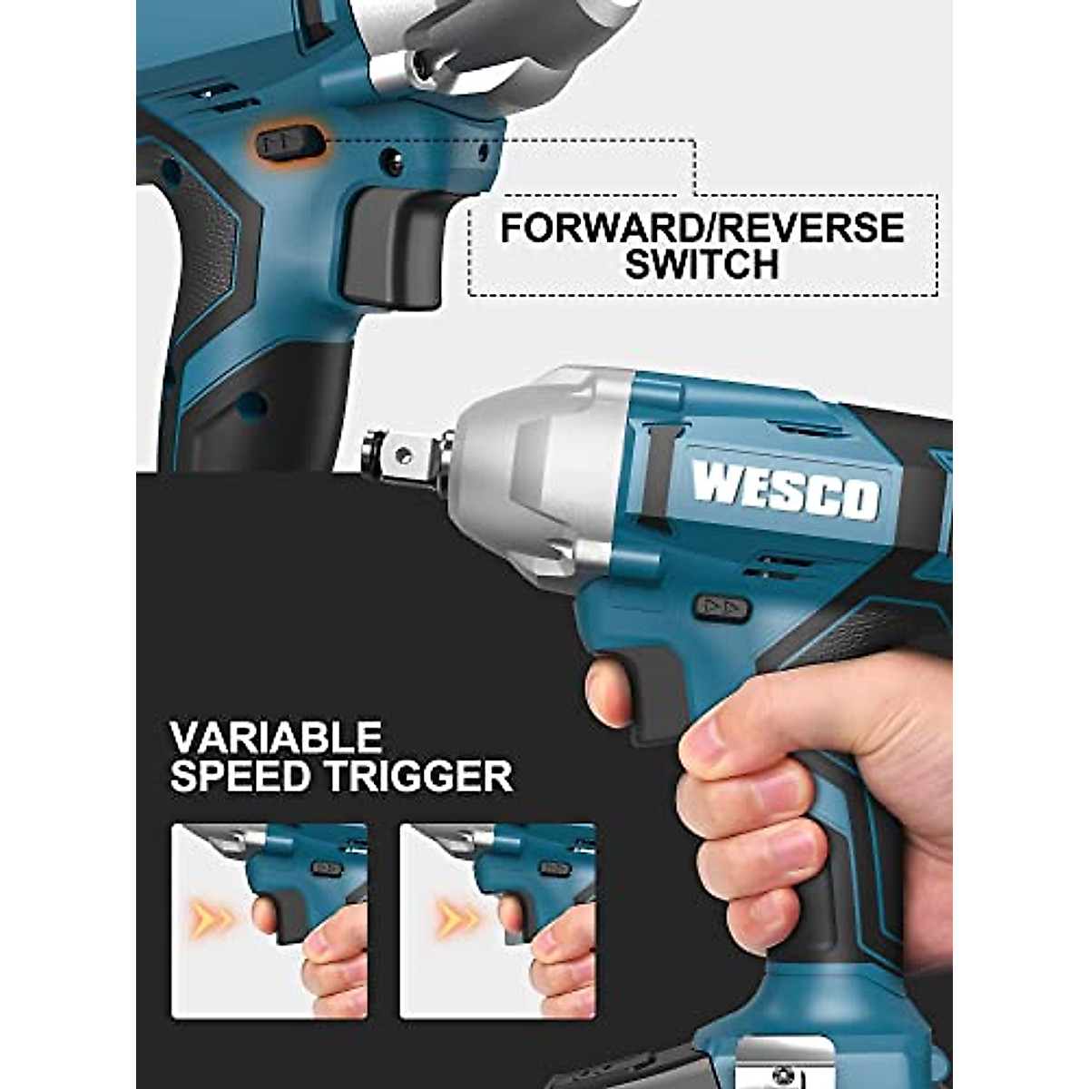 WESCO 20V Cordless Impact Wrench, 1/2",1602 In-lbs(180N.m),2.0A Li-ion Battery, LED Light 3 Pcs Drive Impact Sockets and 1 Hour Fast Charger
