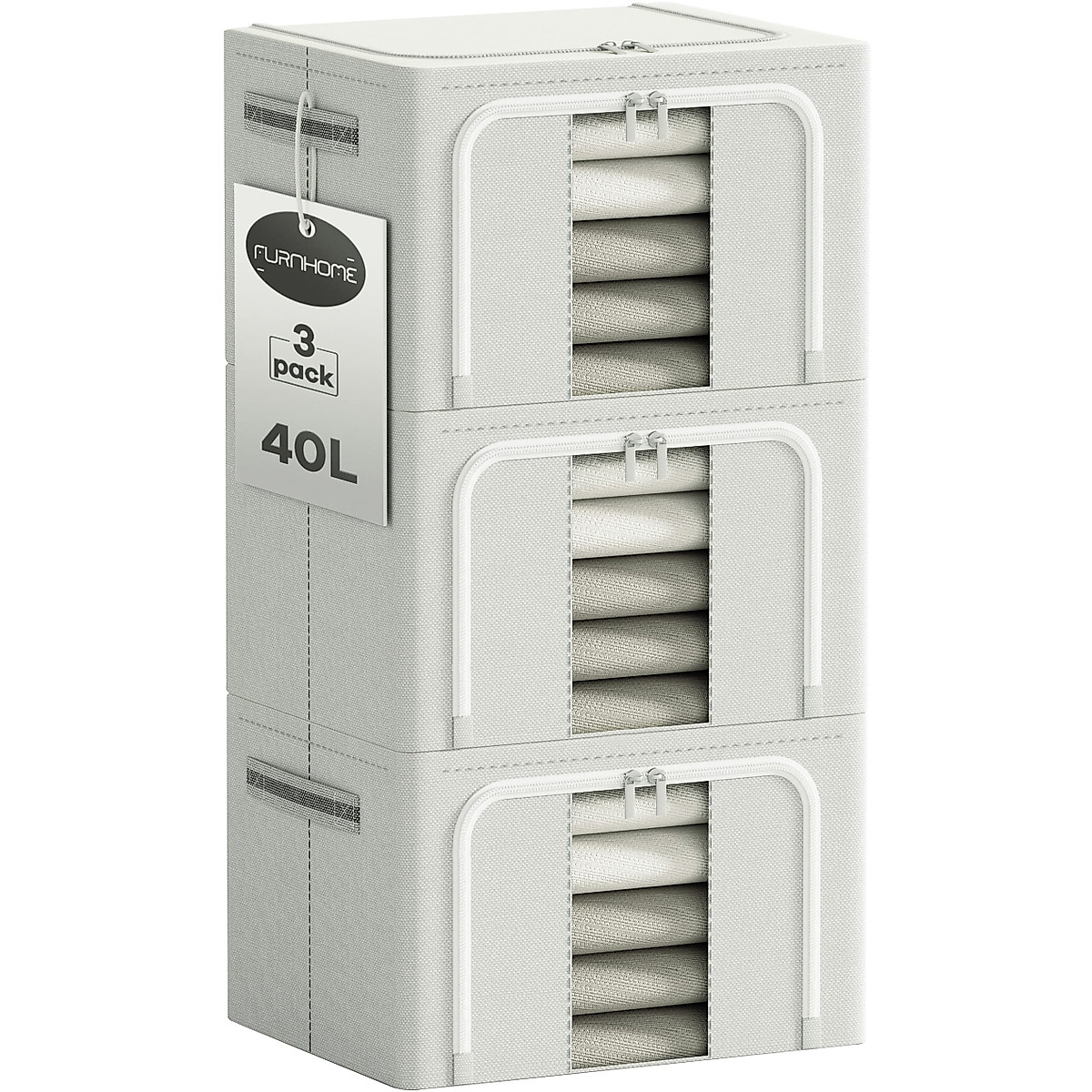 Furnhome 3 PACK 40L Oxford Cloth Steel Frame Storage Box, Clothes Storage Box Organizers with Foldable Clear Window & Reinforced Handles for Clothes,Closet,Comforters,Bedding, Blanket(Light Grey)