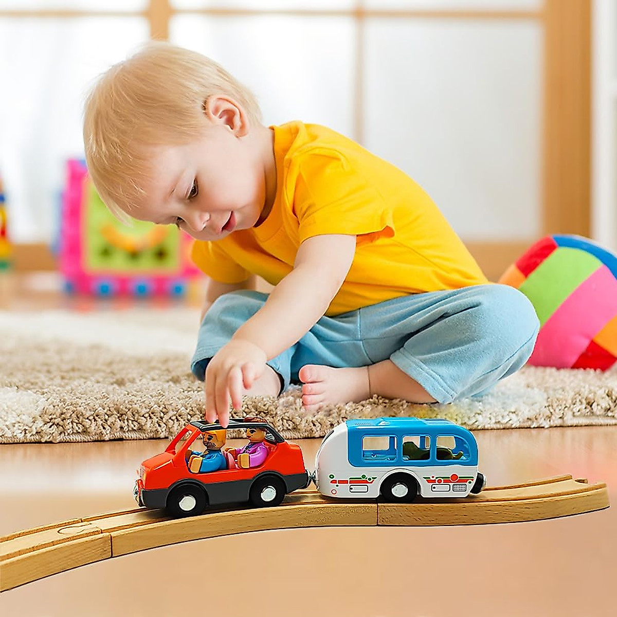 Magnetic Trains Cars Playset Wooden Train Track Accessories Station Wagon Train Set for Toddlers 3-5 Wooden Train Sets for Boys Ages 3-4-7 (Wagon Set)