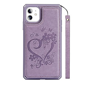 Jaorty for iPhone 11 Wallet Case with RFID Blocking Card Holder for Girls Women,Premium PU Leather Magnetic Buttons Stand Flip Wrist Strap Case for iPhone 11 6.1 Inch,Heart Purple