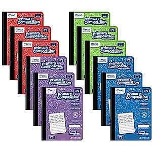 Mead Primary Composition Notebook K-2, 12 Pack Primary Ruled Composition Book, Color May Vary, Grades K-2 Writing Dotted Lined Notebook, 100 Sheets (200 Pages) 489902ELG