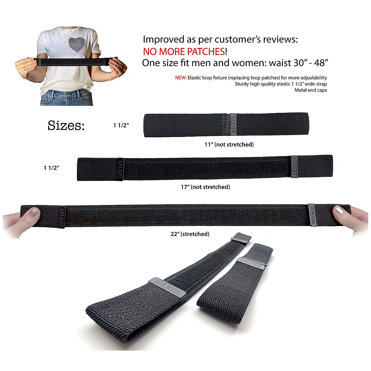 Invisible No Buckle Elastic Belt for Men and Women: 1 1/2" Wide, Waist size adjustable 32" to 48" by Beltless