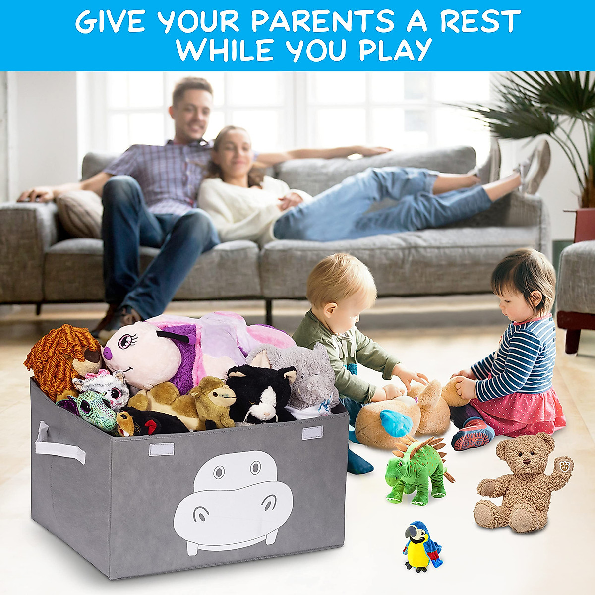 QUOKKA Hippo Toy Storage Box for Boys and Girls - 16x12x10 Toy Chest Organizer for Kids - | Collapsible | Handles | Flip-Top Lids | - Fabric Foldable Bin for Playroom - Nursery Room Organization