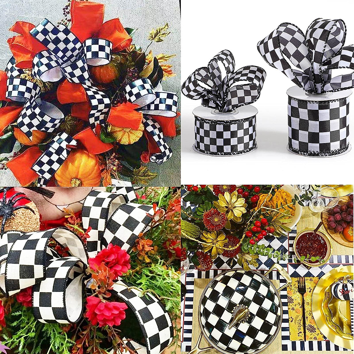 Geosar 2 Rolls Black and White Gingham Checked Ribbon Buffalo Plaid Ribbon Christmas Wrapping Ribbon for Bows, Wreath, Wrapping and Crafts (10 Yard/Roll)