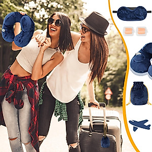 Self-Inflatable Travel Pillow with Eye Mask Earplugs Compact Bag, Inflatable Neck Pillow Support for Sleeping and Traveling, Airplane Pillow for Long Flight, Neck Cushion for Car Home Office Train