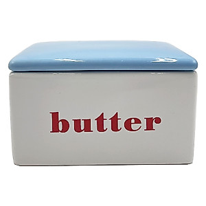 First of a Kind Ceramic Butter Box, Red, White & Blue - Vintage Butter Keeper Dish with Lid - Farmhouse Kitchen Decor - Butter Storage Container for Refrigerator - Butter Holder Container Box