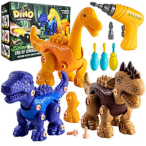 Funsland Take Apart Dinosaur Toys for Kids 3-5 Stem Dinosaur Toys with Electric & Hand Drills Dino Building Toy Set 4 Pack