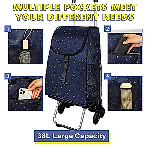 Honshine Shopping Cart with 6 Rubber Wheels, Stair Climbing Grocery Cart with Large Waterproof Removable Bag & Adjustable Handle, Foldable Trolley Cart for Grocery Laundry Camping Beach (Star)
