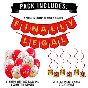 FINALLY LEGAL Red & Gold Party Pack - 21st Birthday Banner, Balloon and Swirls Pack- Birthday Decorations - 21st Birthday Party Supplies, Favors and Gifts