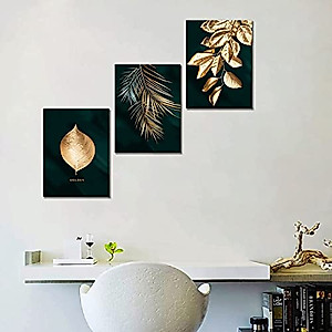 Sdmikeflax 3 Piece Modern Gold Botanical Wall Art for Bathrooms Living Room Bedroom Wall Decor Green Plant Canvas Printed Pictures, Multi Panel Framed Nature Artwork Ready to Hang, 12" x 16" x 3…