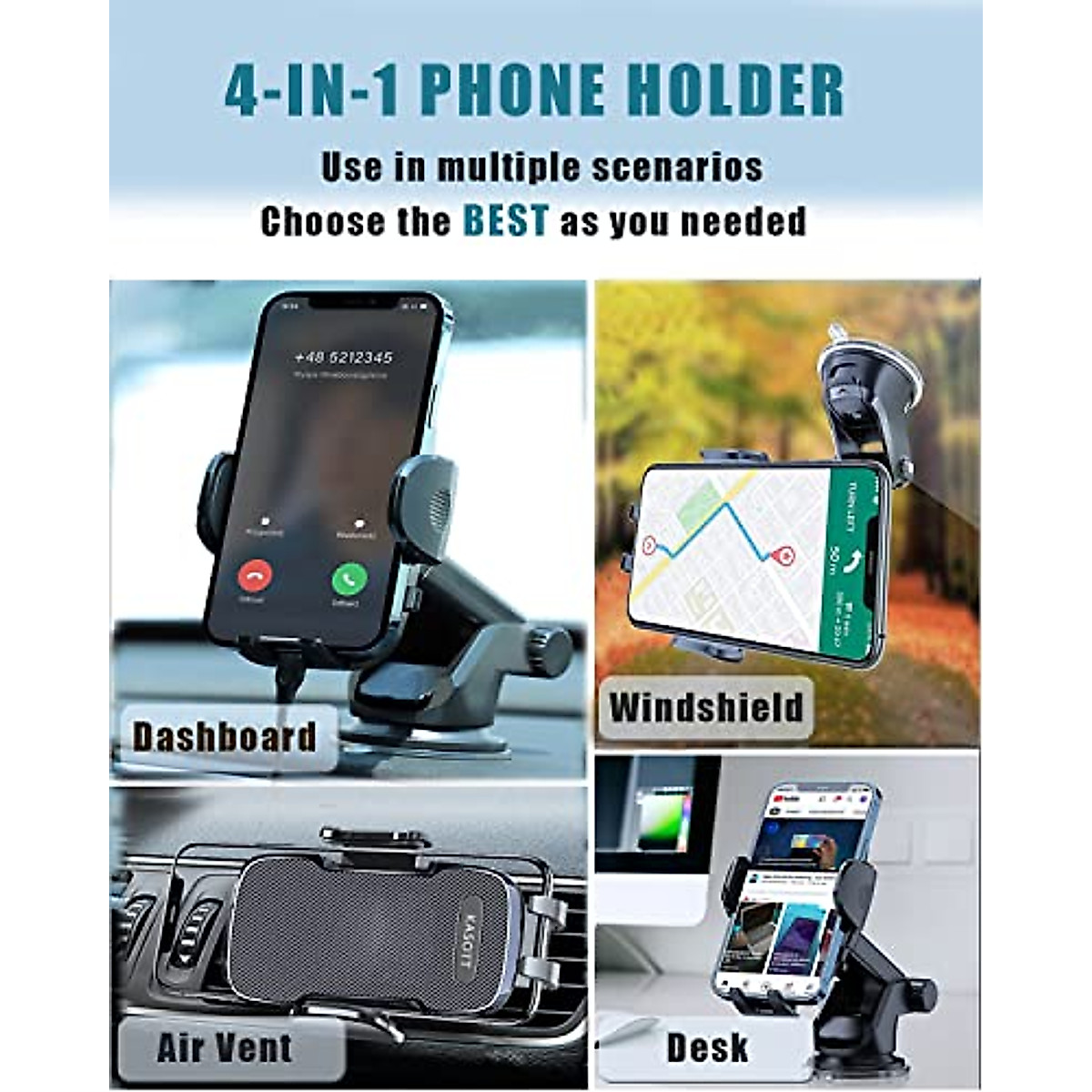 KASOTT Cell Phone Holder Mount for Car - Dashboard Windshield Air Vent Desk Universal 4 in1 Strong Suction Cup Long Arm, Compatible with iPhone, Samsung, Android and All 4-7" Smartphones
