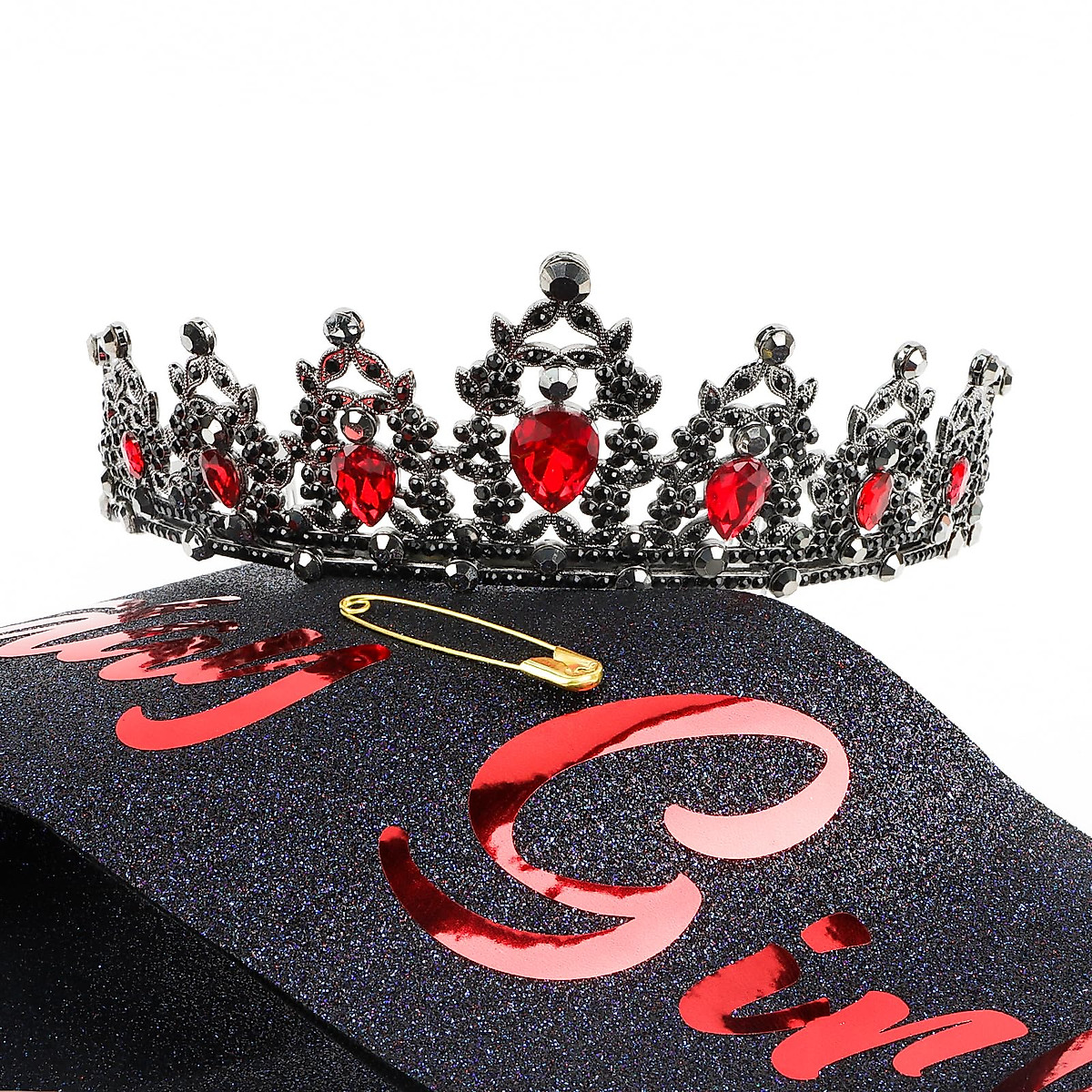CIEHE Red and Black Birthday Decorations, Queen of Hearts Crown + Black Birthday Girl Sash Set, Birthday Crown and Sash for Women, Birthday Sash for Women Birthday Tiara, Birthday Girl Crown Birthday