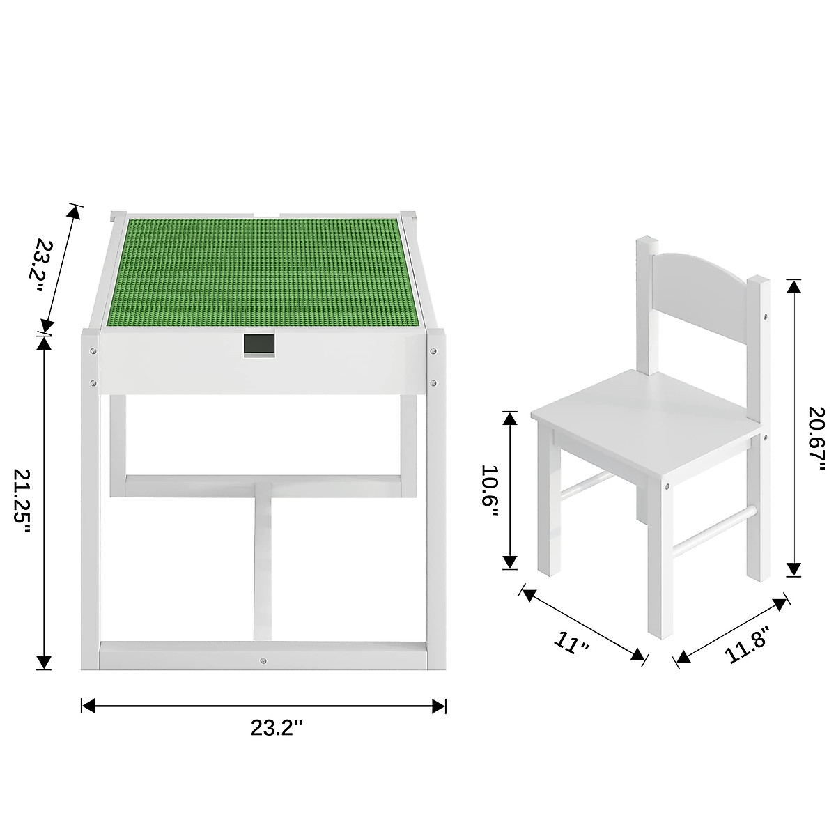 4NM 3 in 1 Kids Table Set for 2, Children Table and Chairs, Toddler Play Activity Table with Hidden Storage Wood Building Block Table Desk for Ages 3-7 - White Green