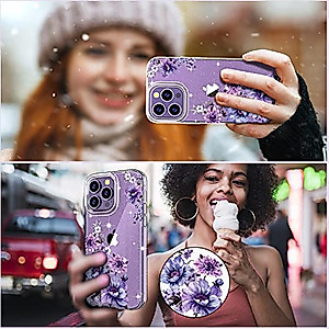 OKP Case [3 in 1] for iPhone 14 Pro, with Screen Protector & Camera Lens Protector, Floral Slim Shockproof Cute Phone Case 6.1 inch 2022 Clear Glitter Protective Cover for Women Girl, (Purple/01)