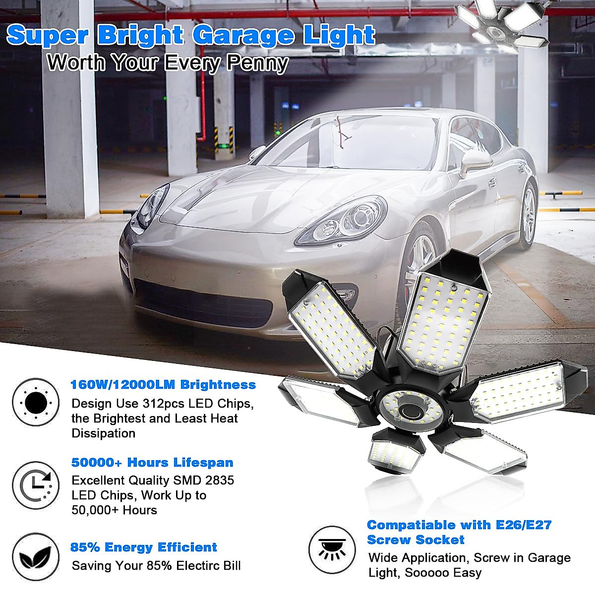 POLARPRA LED Garage Light - 160W LED Garage Ceiling Light 64000LM 6500K Super Bright Garage Lighting w/ 6 Deformable Panels Screw in Shop Light for Basement Workshop Warehouse Attic - 4Pack