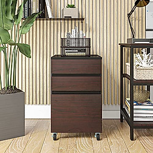 YITAHOME 3 Drawer Mobile File Cabinet, Rolling Filing Cabinet for A4 or Letter Size, Wood Under Desk Storage Cabinet with Wheels, Dark Walnut