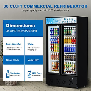 ECEVT 30 Cu.ft. Commercial Beverage Refrigerators Glass Door Refrigerator Upright Display Cooler with Soft LED Light and Adjustable Shelves for Restaurant Grocery Stores Home, Black