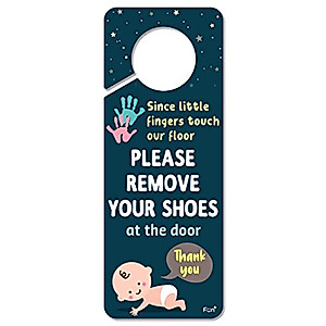 Fun-Plus Please Take Your Shoes Off - Remove Your Shoes Sign - Plastic Door Knob Hanger Sign - Since Little Fingers Touch Our Floor