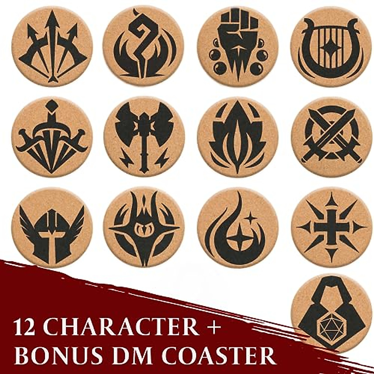 HQ Cork DND Coasters - Set of 12 Class +1 DM Icon Coasters - Great Nerdy Gift for D&D Players, Gamers, DM, Men or Women- Dungeons & Dragons Accessories for Home Decor, Mugs, Drinks, Table Decoration