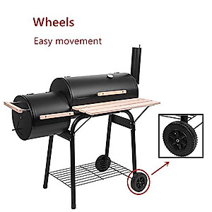 44 Inch Charcoal Grill and Offset Smoker, Portable Backyard Steel BBQ Oven with Wheels, Outdoor Patio Barbecue Cooker with Side Fire Box for Camping, Picnic, Party