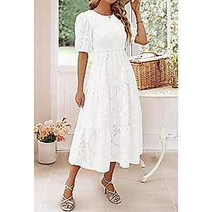 ZESICA Women's 2023 Summer Short Puff Sleeve Crewneck Smocked Floral Lace Flowy A Line Tiered Midi Dresses,White,Medium
