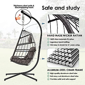 Egg Chair with Stand - Patio Rattan Wicker Hanging Swing Egg Chair Hammock Chair for Indoor Outdoor Bedroom Garden - Aluminum Steel Frame and UV Resistant Cushion 350LBS Capacity (Dark Grey)