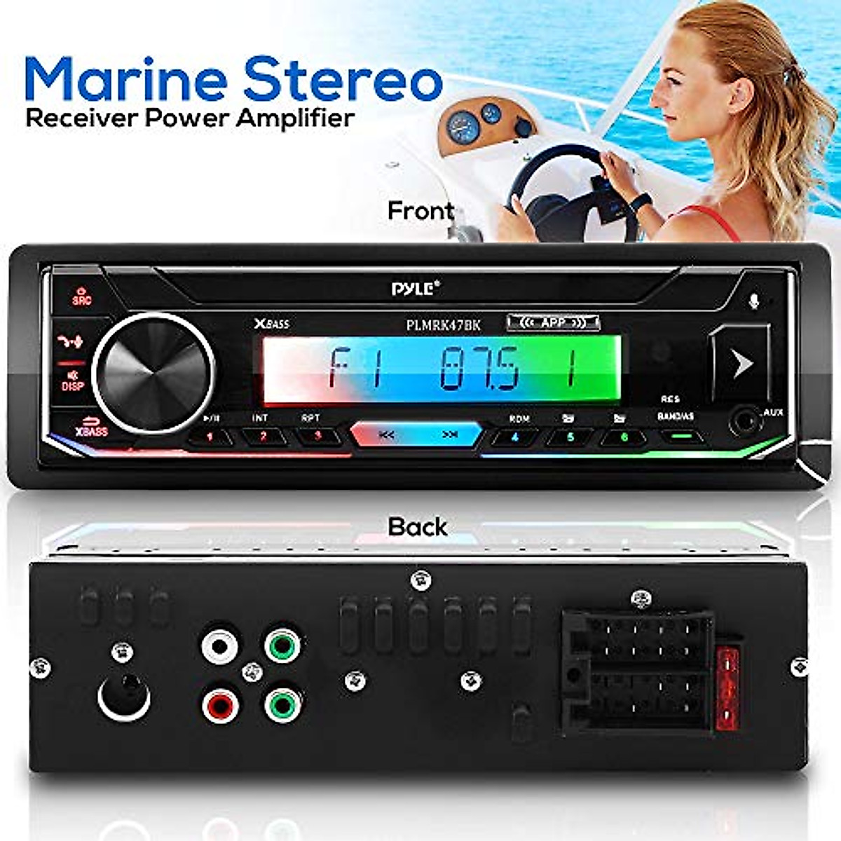 Pyle Bluetooth Marine Receiver Stereo & Speaker Kit 300W Single DIN Boat Marine Head Unit l LCD, Mic, Hands-Free Calling, AUX, MP3/USB/SD, AM/FM Radio, Remote - PLMRK47BK (Black)