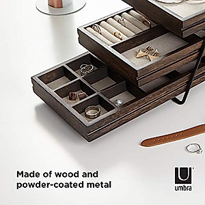 Umbra Terrace Tier Jewelry Three Sliding Linen Lined Wood Trays with Metal Frame and Handle, Easy Storage and Access, Walnut, 3 Each