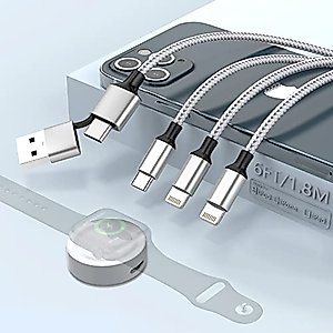5 in 1 Smart Watch Charger Cable 6FT Magnetic iWatch Charger Multi Charging Cable with Lightning*2+Type C Nylon Braided iPhone Charger for Apple Watch Series 7/6/5/4/3/2/1/SE/iPhone/iPad/Samsung/Andr