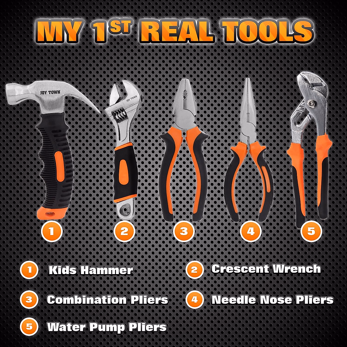 JoyTown Kids Real Tool Set - Junior Steel Forged Tool Kit for Children with Real Hand Tools, Kids Tool Belt, Portable Tool Bag, Perfect Learning Tools for Home DIY (Orange & Black)