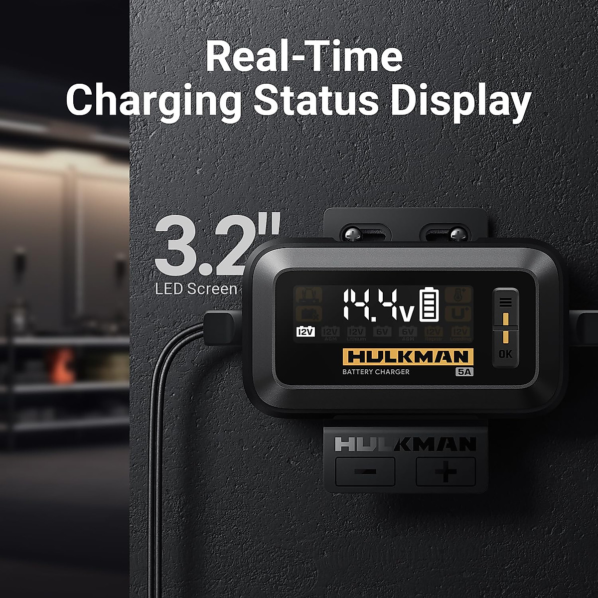 Hulkman Sigma 5 Float Battery Trickle Charger, 5A 6V/12V Smart Car Battery Charger with LED Screen, Automatic Maintainer and Desulfator for Car, Motorcycle, ATV, Lithium, and Deep Cycle Batteries