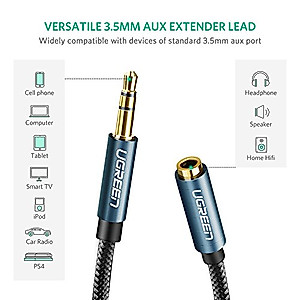 UGREEN Headphone Extension Cable Hi-Fi Stereo Gold Plated Nylon Braided Male to Female 3.5mm Extension Audio Cable Compatible with iPhone iPad Smartphones Tablets Media Players Blue 15FT