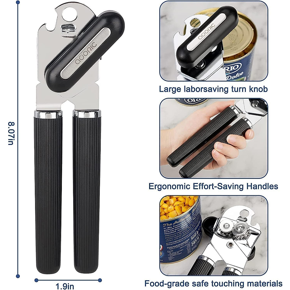 Can Opener Manual, Can Opener Smooth Edge, Food-Safe Multifunctional Can Openers Stainless Steel Manual Can Opener with Non-Slip Handle & Large Knobe, Ultra Sharp Cutting for Seniors with Arthritis