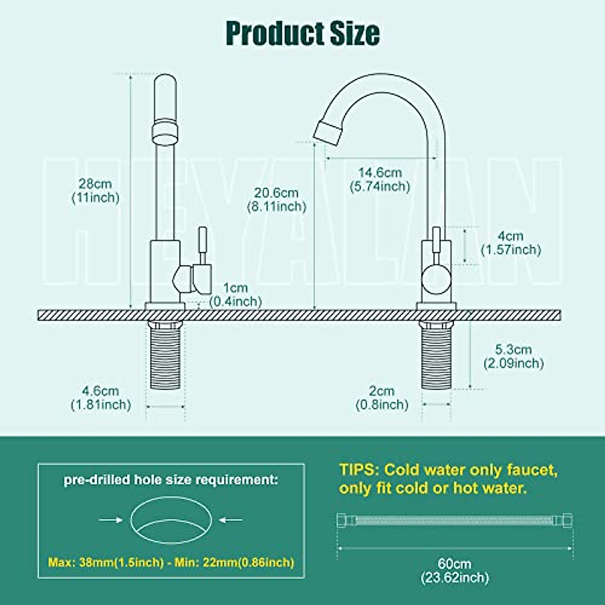 Brushed Nickel Kitchen Faucet Cold Water Only 1 Hole Single Handle 360 Degree Swivel Spout Deck Mount High Arc SUS304 Sink Bar Tap Goose Neck with Hose and Longer Thread Pipe