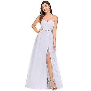 Ever-Pretty Women's Sexy Strapless Lace up Back Tulle High Slit Wedding Dresses for Bride White US6