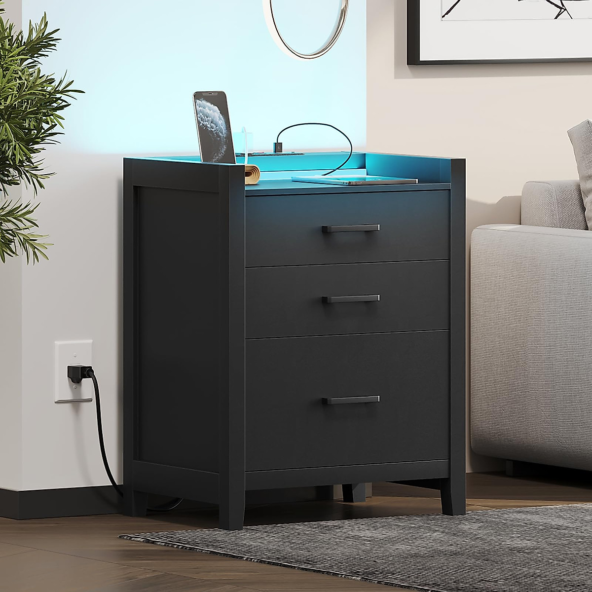 EPHEX LED Nightstand with Charging Station, Nightstand with 3 Drawers, End Side Table with USB Ports and Outlets, Modern Bedside Table for Bedroom, Black, NSL03