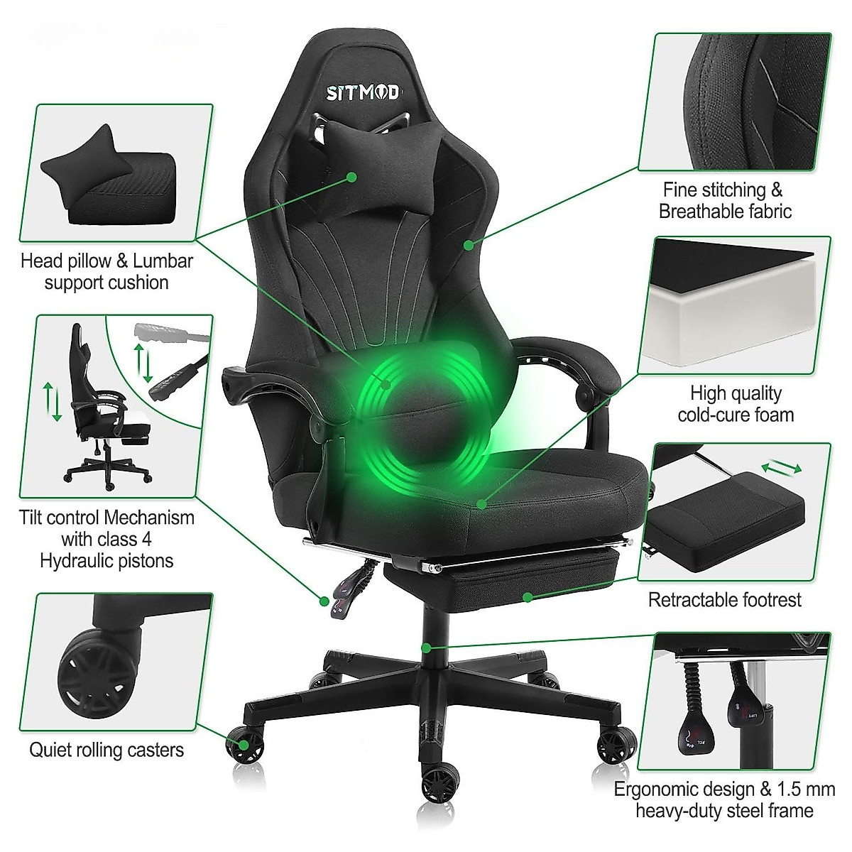 Gaming Chair,Big and Tall Gaming Chair with Footrest,Ergonomic Computer Chair,Fabric Office Chair with Lumbar Support,360 Degree Swivel and Height Adjustment,Video Gaming Chair for Adults-Black