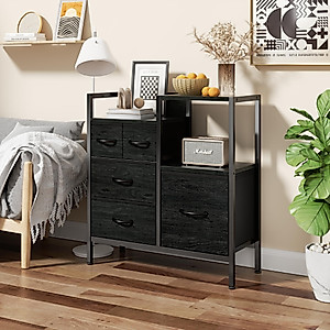 Furnulem Dresser for Bedroom Organization Fabric Dresser Units with 5 Storage Drawers Sturdy 2 Tier Shelf Large Space Dresser Bedroom Dresser for Hallway Entryway Dorm Black