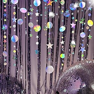 Iridescent Party Star Circle Dot Decoration Iridescent Hanging Garland Streamer Decorations Iridescent Glitter Star Bunting Banner Twinkle Backdrop for Engagement Wedding Baby Shower Birthday Xmas