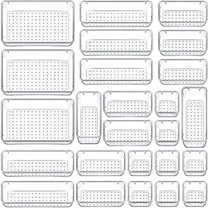 WOWBOX 25 PCS Clear Plastic Drawer Organizer Set, 4 Sizes Desk Drawer Divider Organizers and Storage Bins for Makeup, Jewelry, Gadgets for Kitchen, Bedroom, Office Bathroom, Office