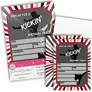 Karate, Tae Kwon Do, Martial Arts Birthday Party Invitations, 20 5x7 Fill In Cards with Twenty White Envelopes by AmandaCreation