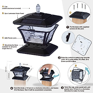 Solar Post Cap Lights Warm White/Red/Green/Blue 4 Lighting Mode, 15 Lumens 1000mAh Battery IP54 Waterproof, Fits 3.5x3.5 4x4 4.5x4.5 5x5 Fence Post Lights Solar Powered Outdoor Lights, Black (2 Pack)