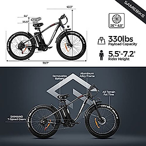 SAMEBIKE 750W Fat Tire Electric Bike 26'' Electric Mountain Bike 48V 15AH Battery with 3A Fast Charger, 28MPH Adult Electric Bicycles Suspension Fork, Shimano 7 Speed Shifting for Trail Riding