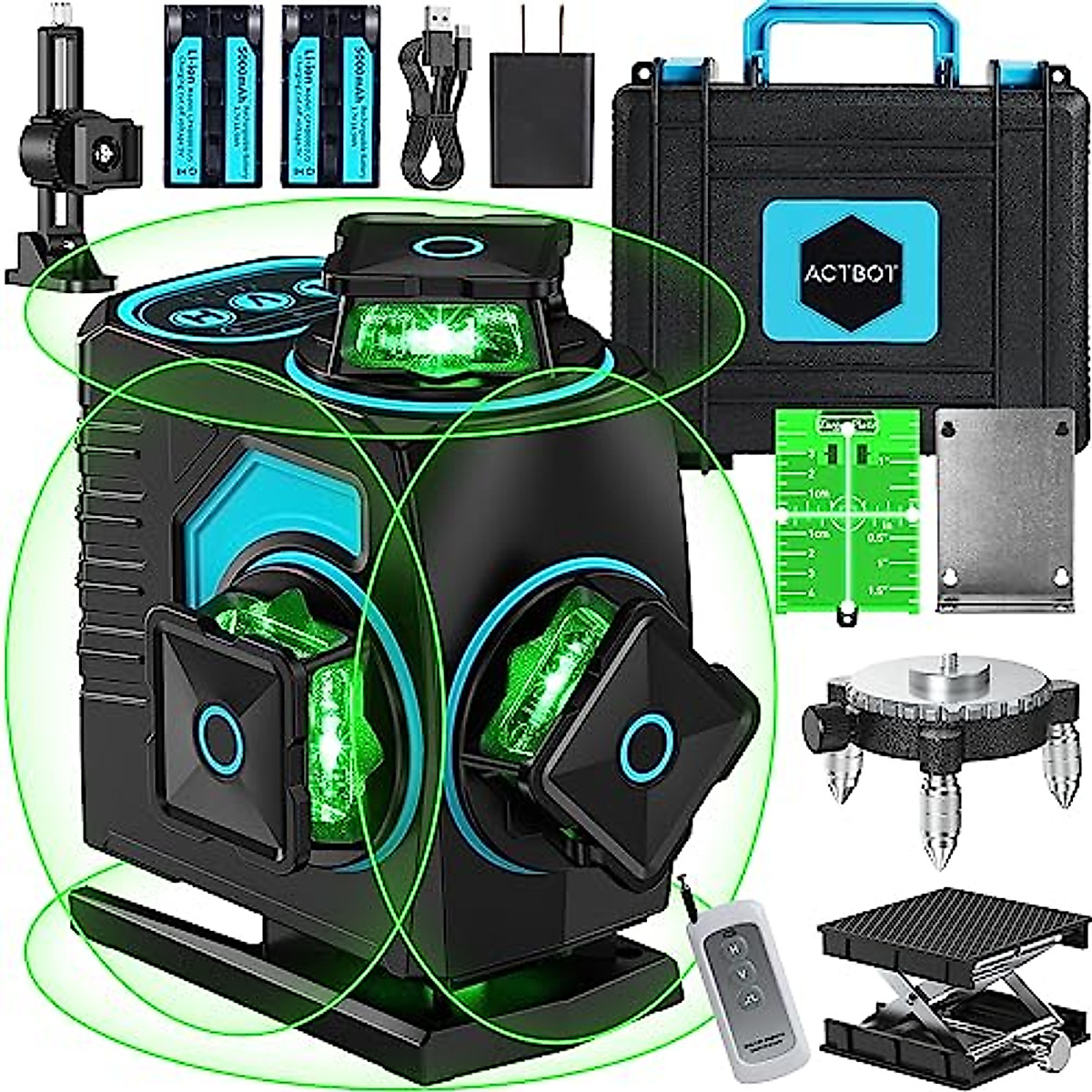 Laser Level Self Leveling 360 Green 4-Plane 4D 16 Line ACTBOT 10000mAh All-Inclusive Kit Swivel Level Line Laser with Pulse Mode Tilt Horizontal Vertical 4x360 Cross Line Remote Controller Switchable